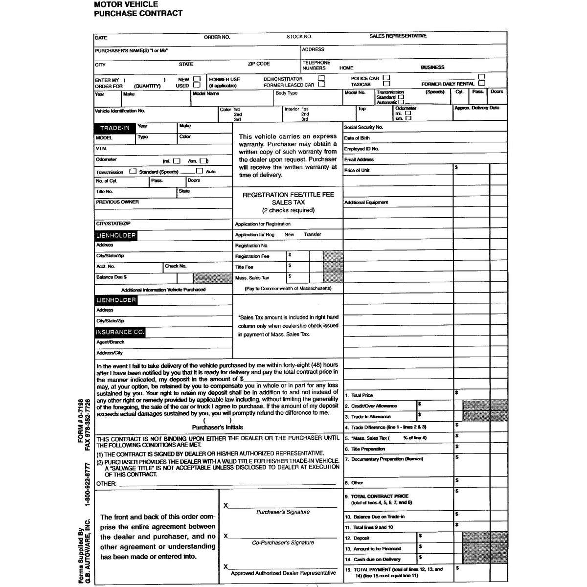 XCP DL-MAC CAR Products MA Motor Vehicle Purchase Contracts (100 pk ...