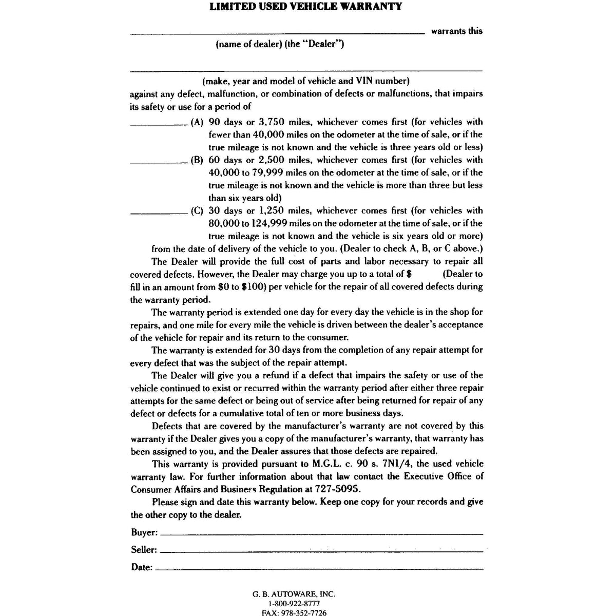 XCP DL-CON-2 CAR Products MA Limited Used Vehicle Warranty Guide (100 ...